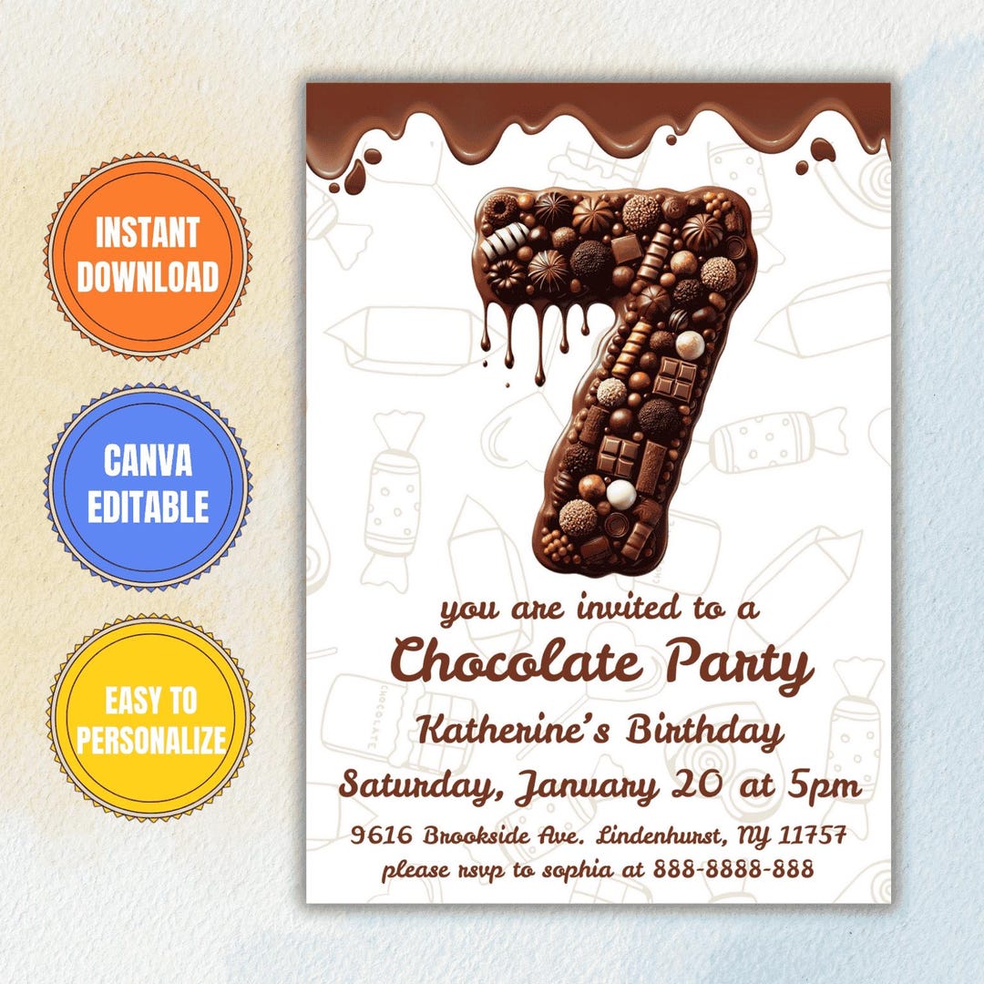 Editable Chocolate Party Invitation, Chocolate 7th Birthday Invitation ...