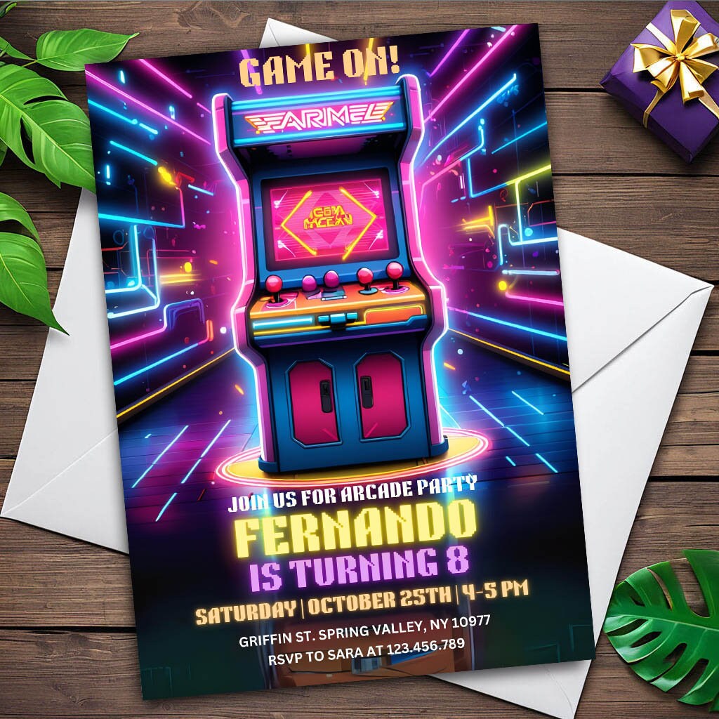 Arcade Birthday Invitation Template, Arcade Invitation, Neon Glow ...