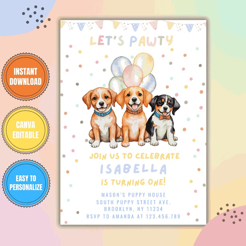 Editable Dog Birthday Invitation, Girl 1st First Birthday Party Invite ...