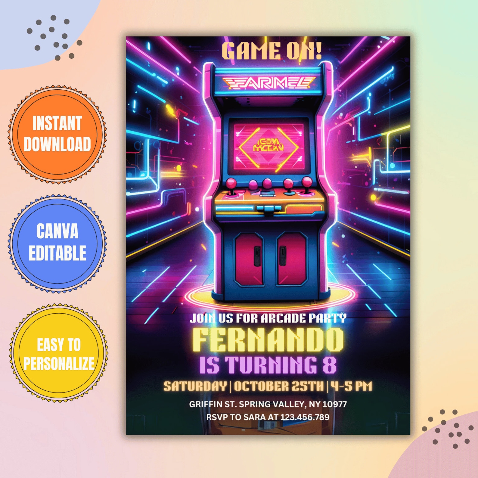 Arcade Birthday Invitation Template, Arcade Invitation, Neon Glow ...