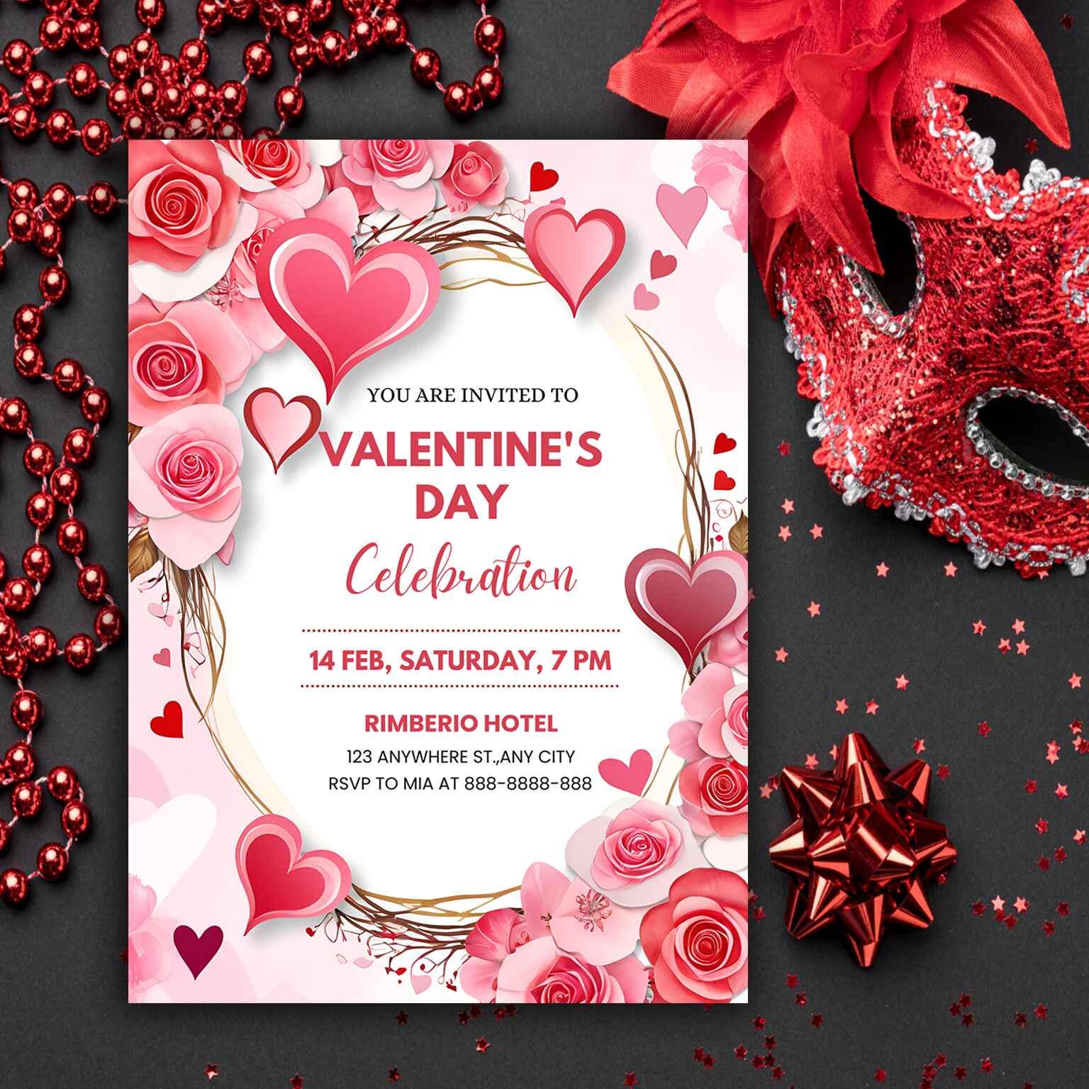 Editable Valentine's Day Party Invitation Template, Red Pink Hearts ...