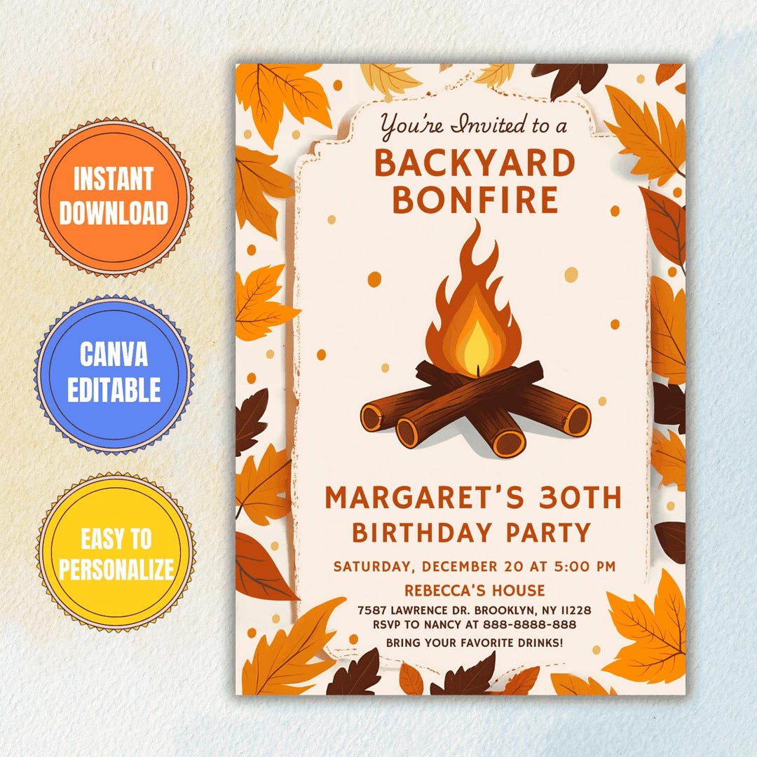 Editable Bonfire Birthday Invitation, Bonfire Birthday Party Invite ...