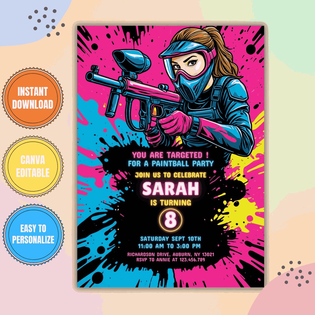 Editable Paintball Birthday Invitation, Paintball Party Invitation ...