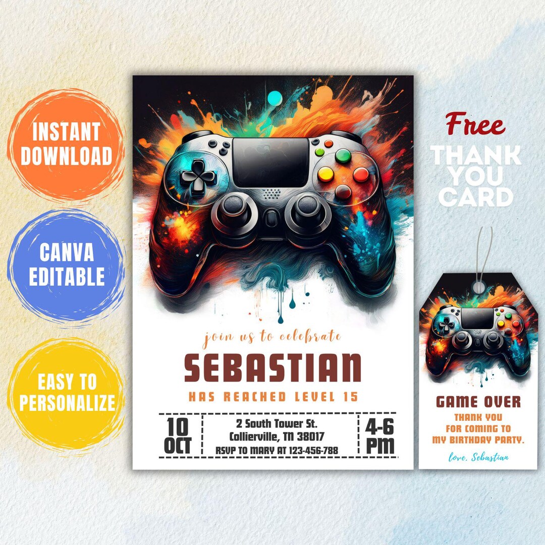 Editable Video Game Controller Birthday Invitation, Level up Birthday ...