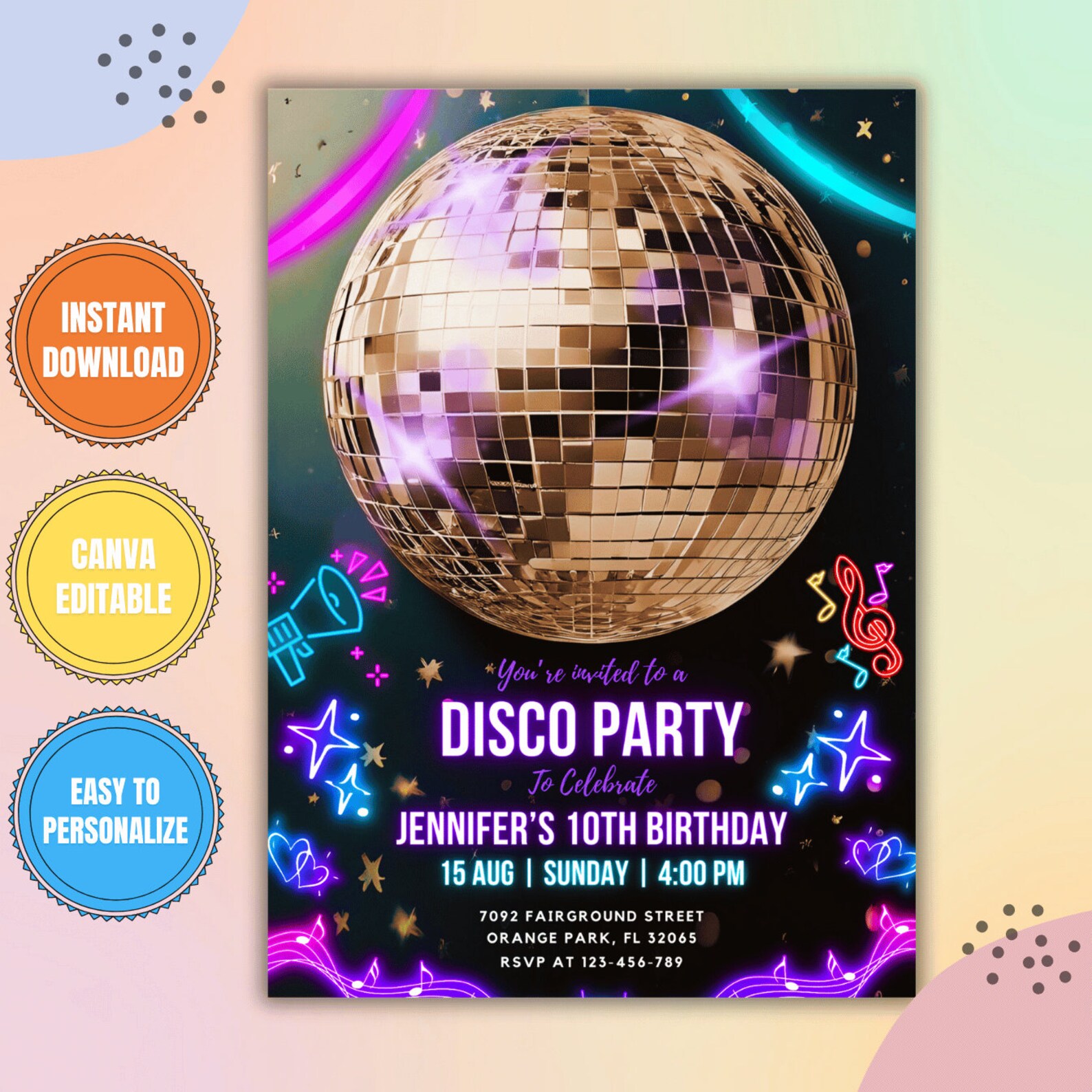 Editable Disco Party Birthday Invitation Template, Disco Invitation ...