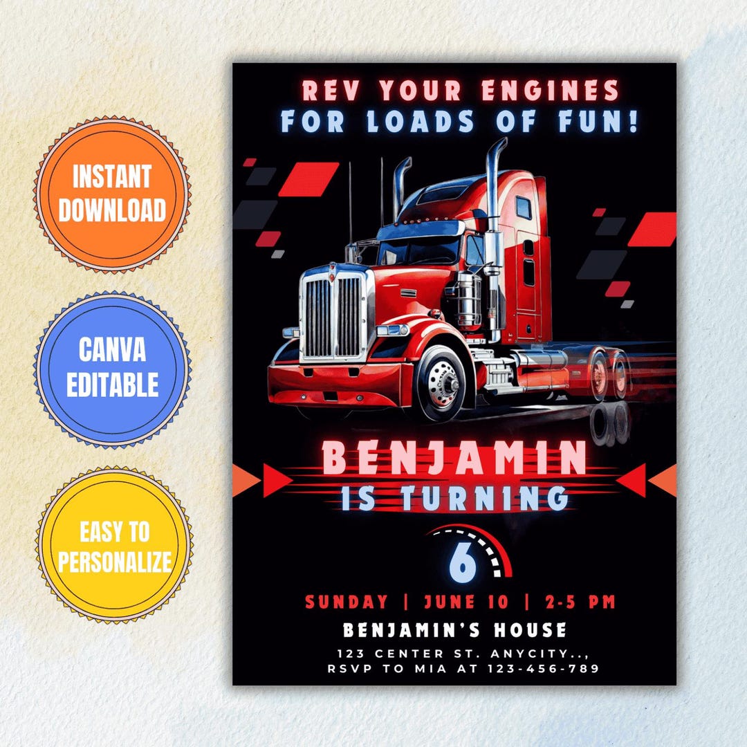 Semi Truck Invitation, Semi Truck Birthday Invitation, Semi Truck ...