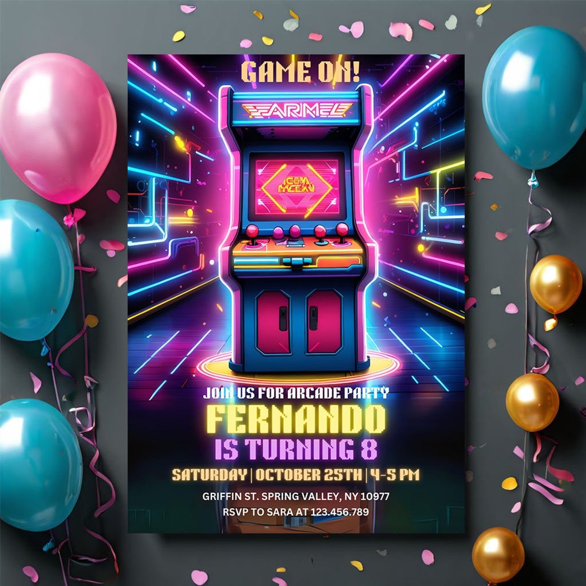 Arcade Birthday Invitation Template, Arcade Invitation, Neon Glow ...