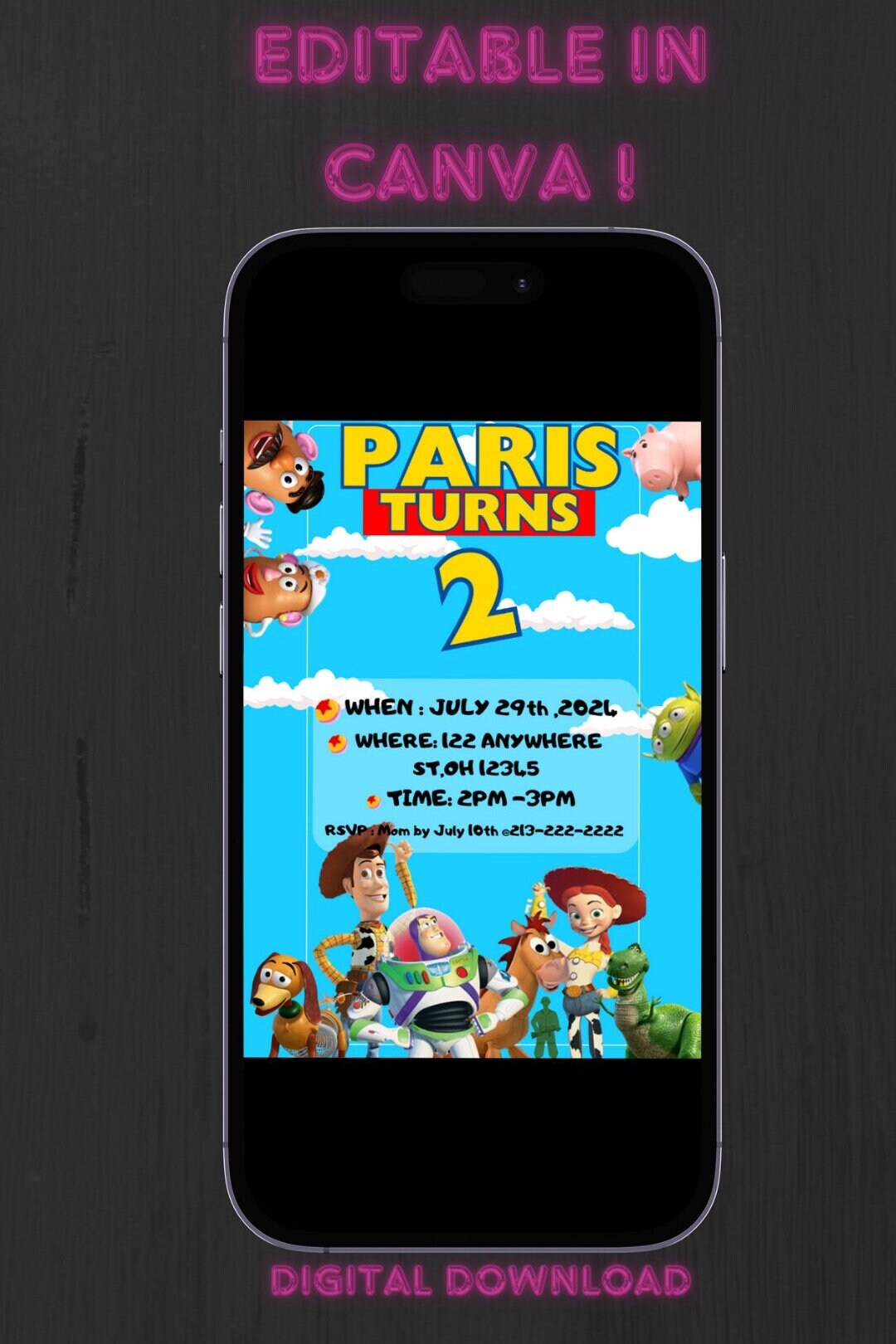 Invitación digital editable de Toy Story CANVA - Etsy España