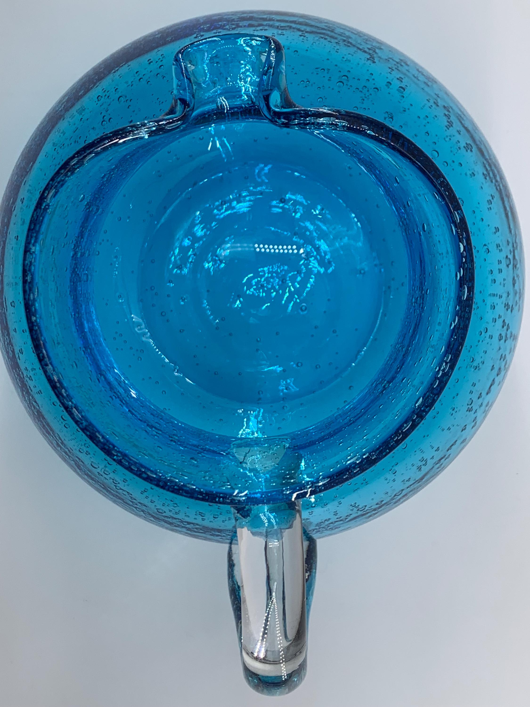 Handblown Art Glass Azure Blue Bubble Glass Pitcher W/clear Applied ...