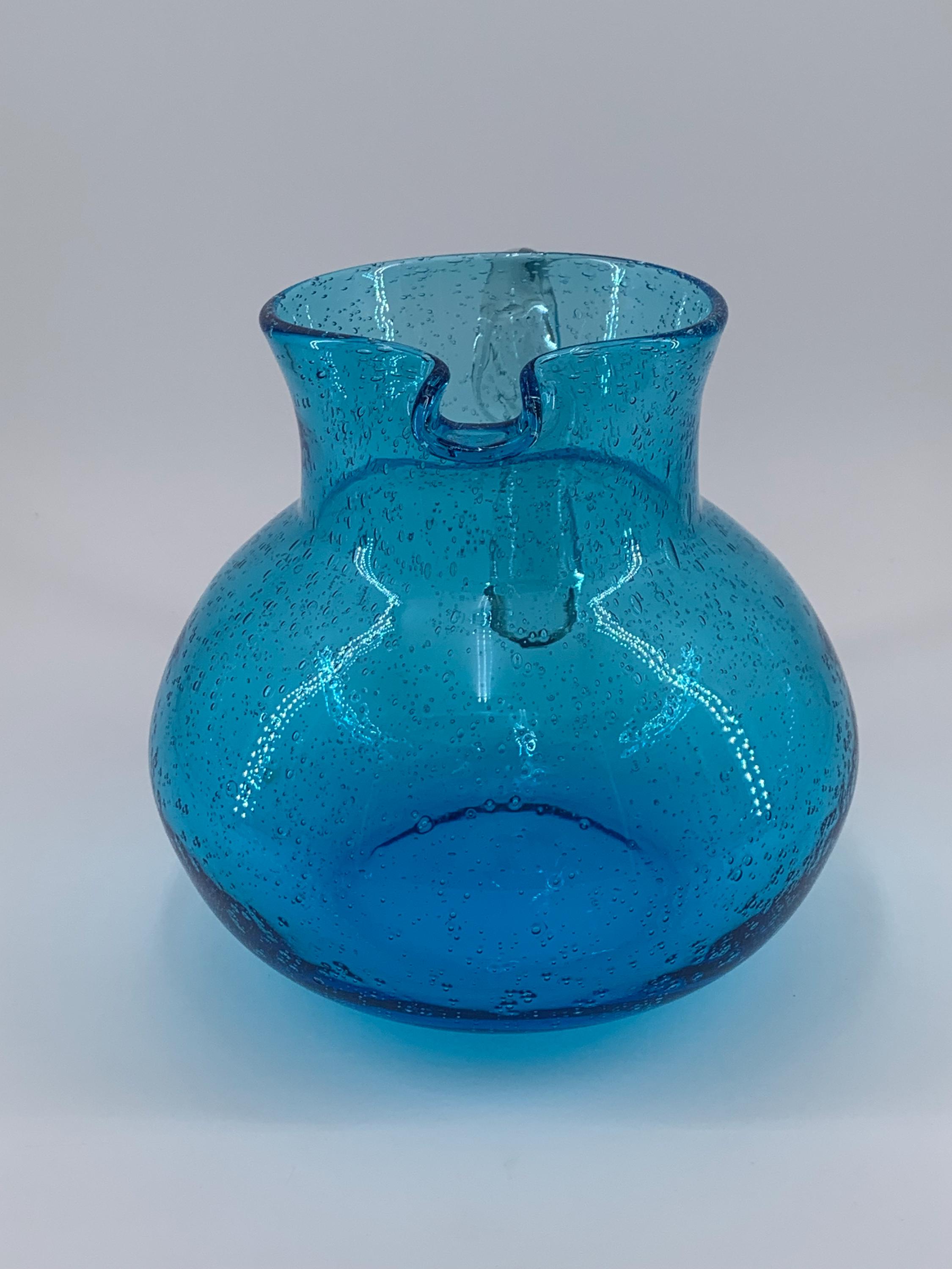 Handblown Art Glass Azure Blue Bubble Glass Pitcher W/clear Applied ...