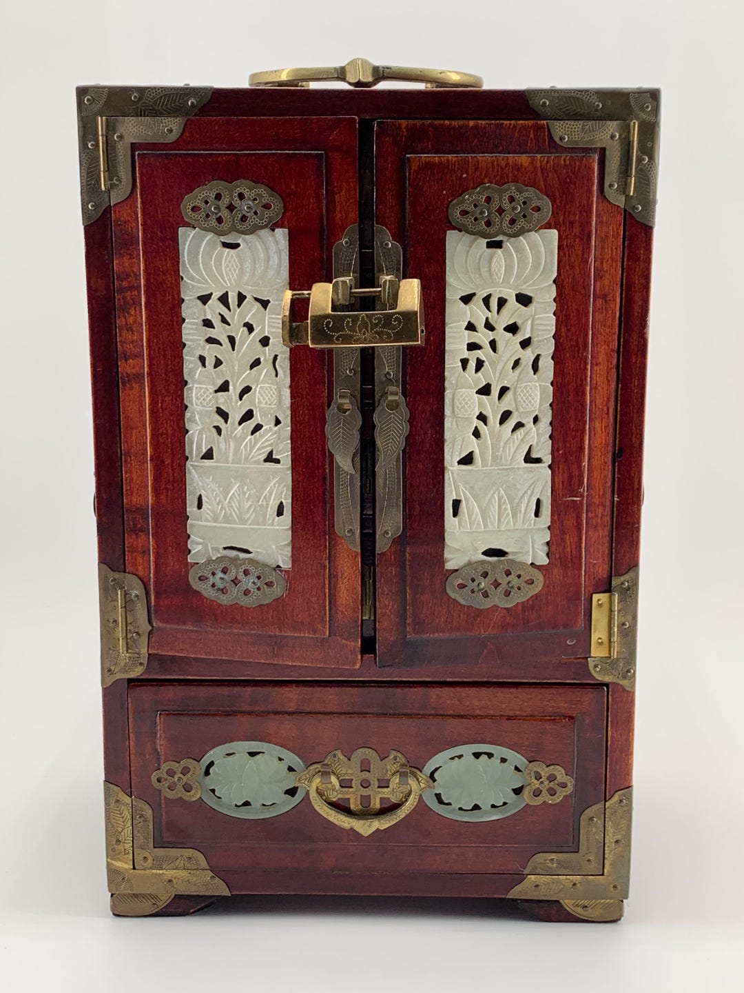 Vintage Rosewood Chinese Jewelry Chest W/carved Jade Inserts and Brass ...