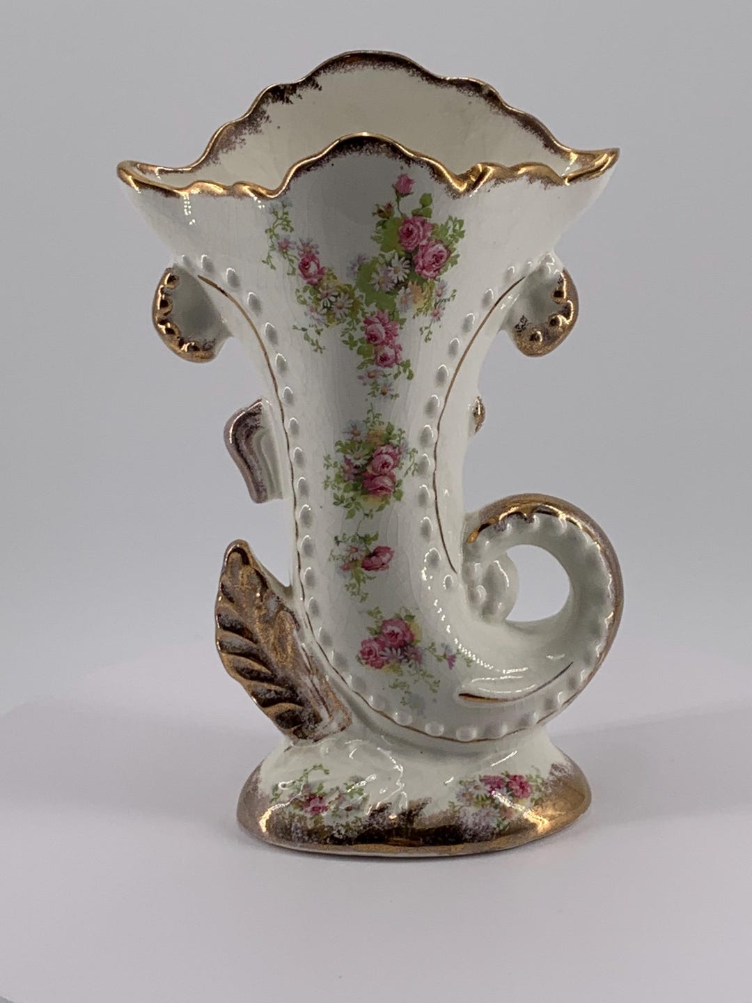 Vtg England PV Cornucopia Vase W/pink Flowers 8.5"x5.5"118 A - Etsy