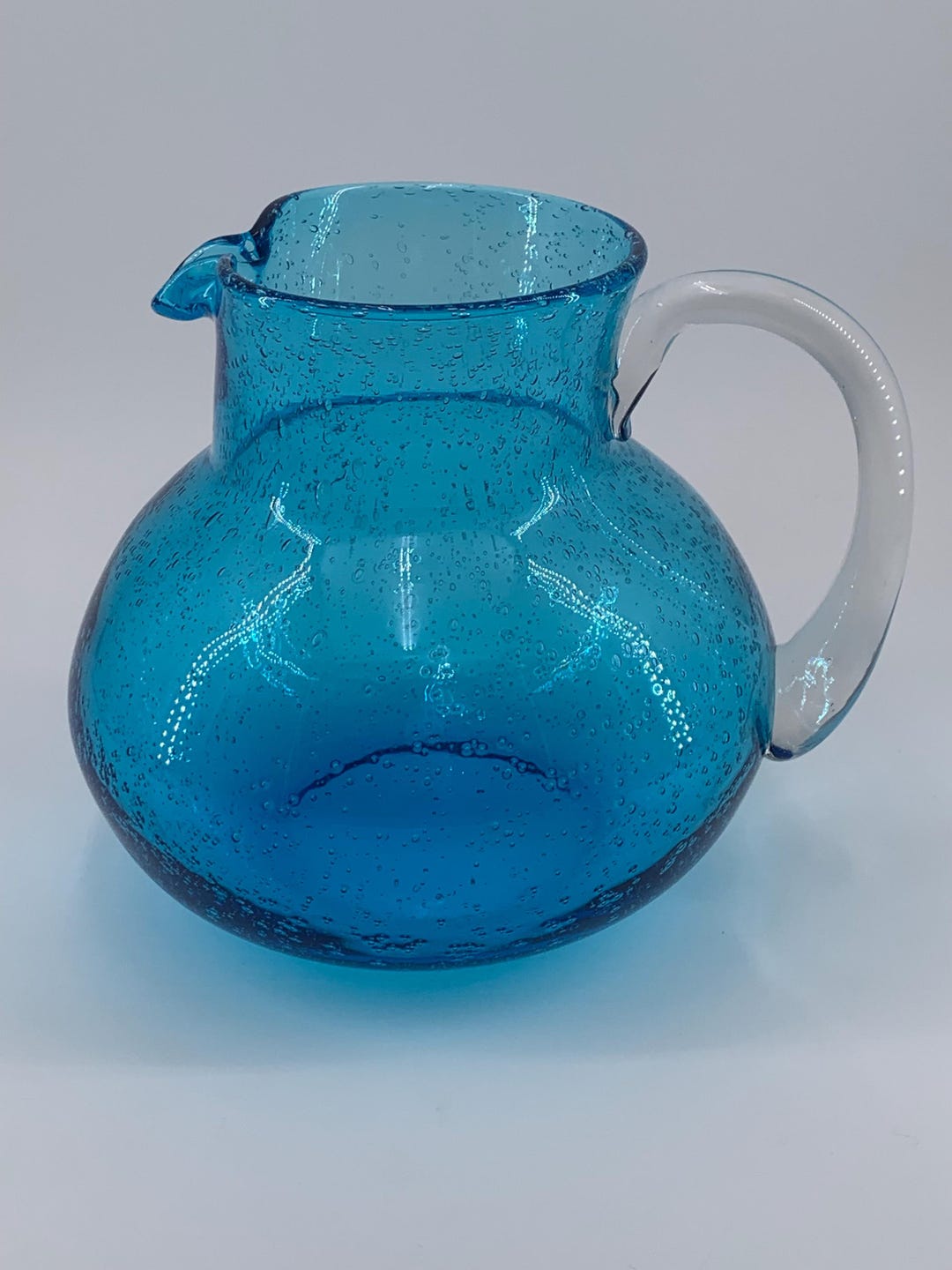 Handblown Art Glass Azure Blue Bubble Glass Pitcher W/clear Applied ...
