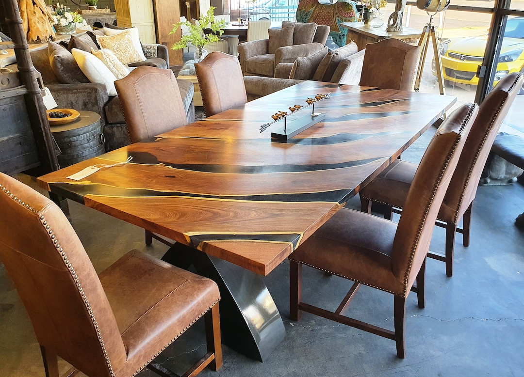Handcrafted Mesquite Wood Dining Table With Live Edge, Epoxy Rivers ...