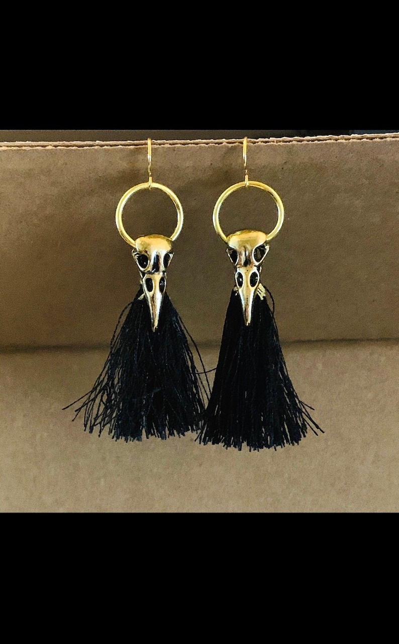 Raven Skull Door Knocker Tassel Drop Hook Earrings | Etsy