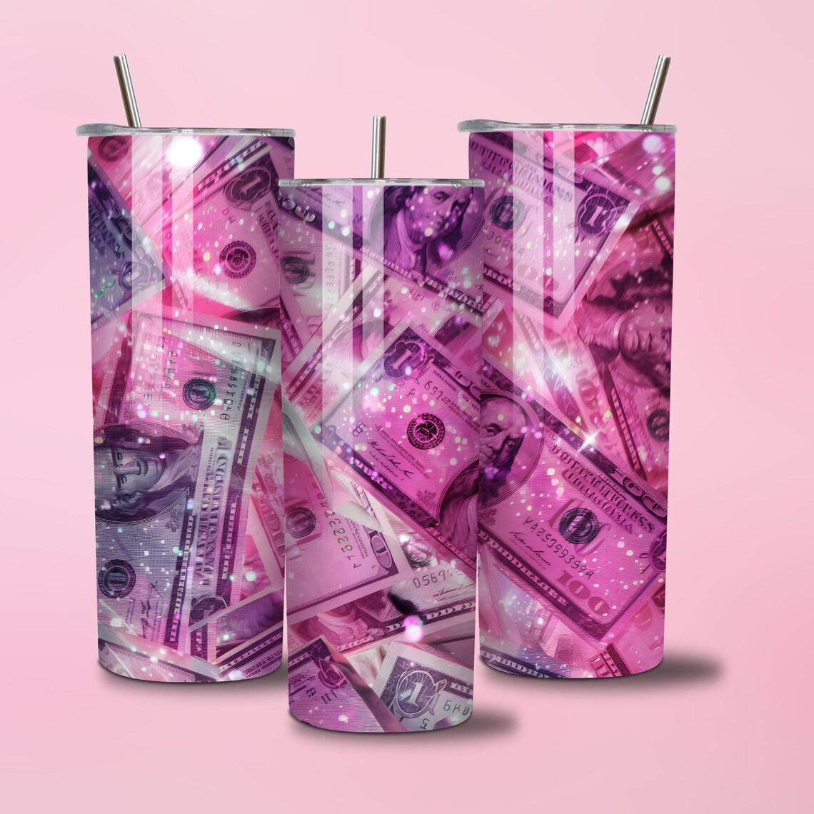 Digital Pink Glitter Dollar Bill 20oz Tumbler Wrap PNG Sublimation 300 ...
