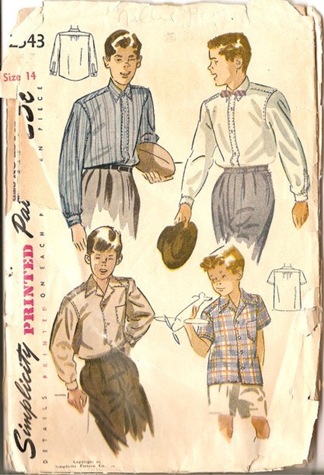Simplicity 2543 Vintage 1940s Boys Shirt Pattern Size 14 - Etsy