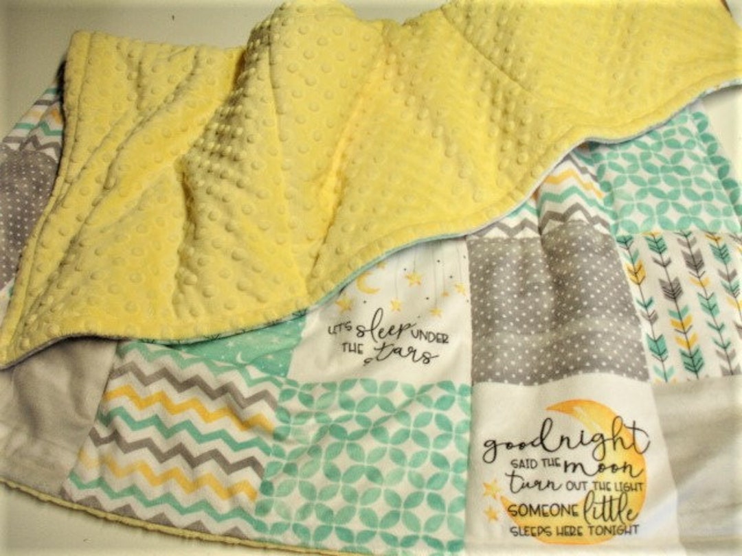 Moon and Stars Blanket Personalized Teal Yellow Gray Baby Toddler Child ...