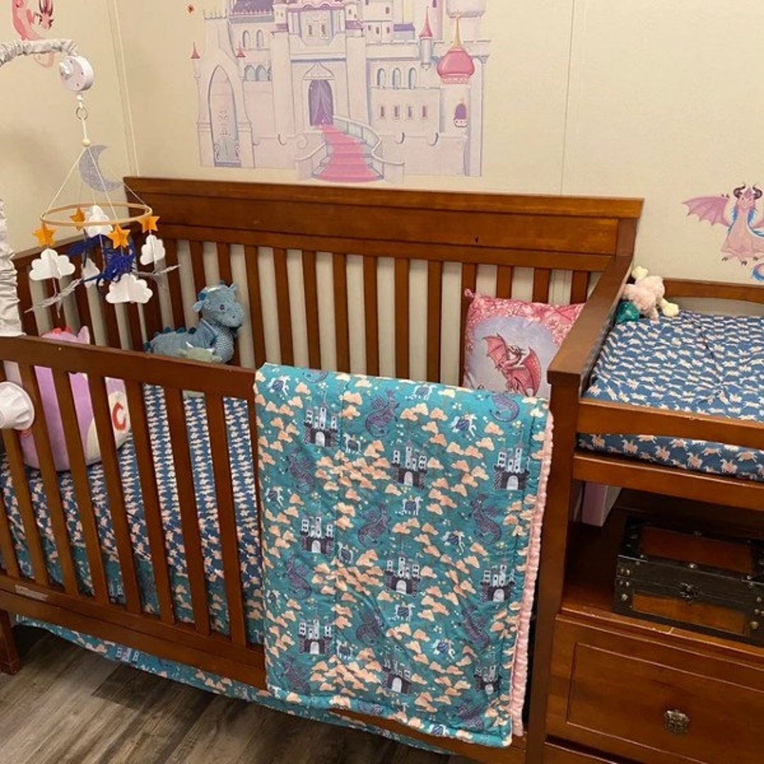 Medieval Crib Bedding Set for Girl, Dragons and Unicorns Personalized ...