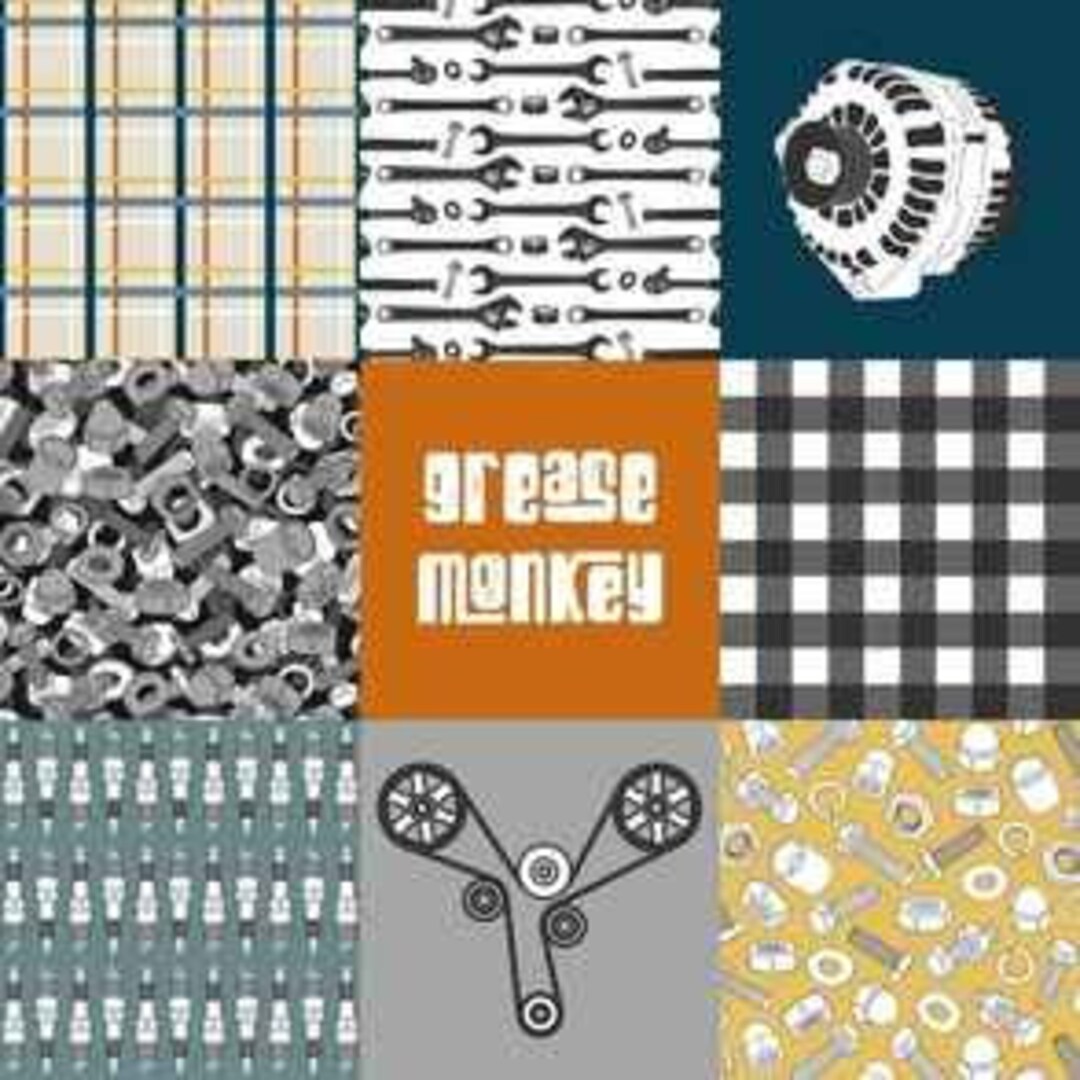 Mechanic Cotton Fabric Panel 42"x54" Cotton Quilting Teal Yellow Gray ...