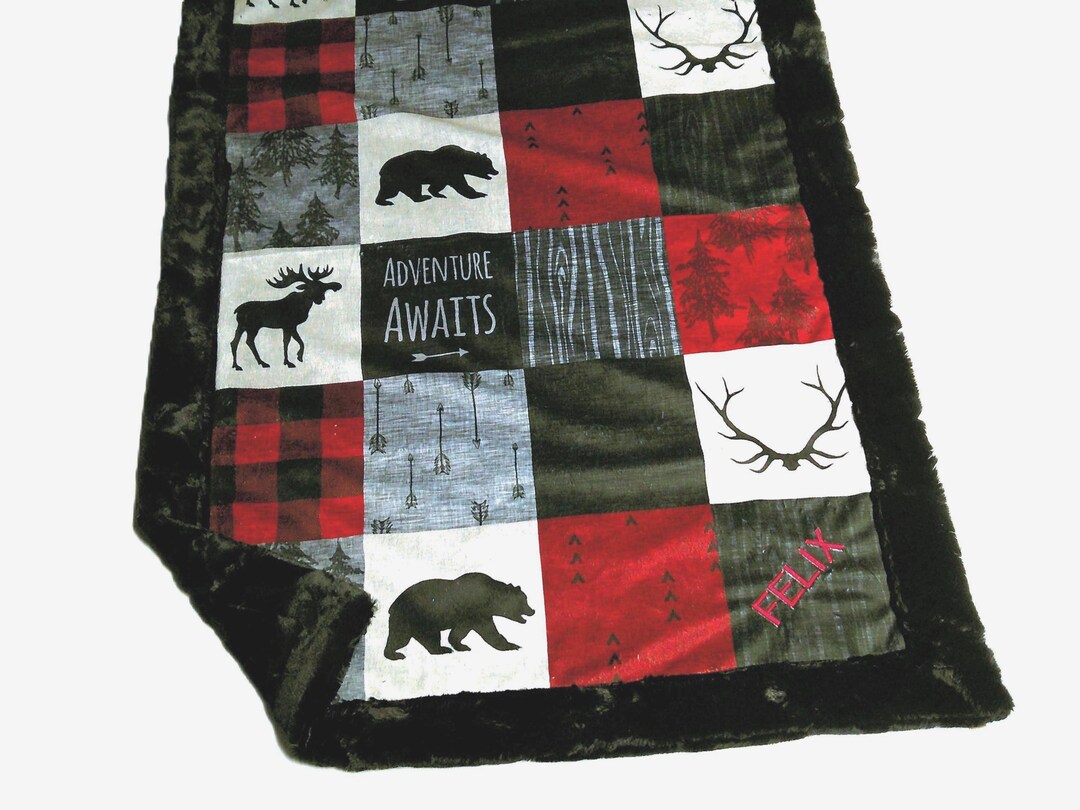 Rustic Woodland Blanket, Personalized Bear Cabin Bedding, Adventure ...