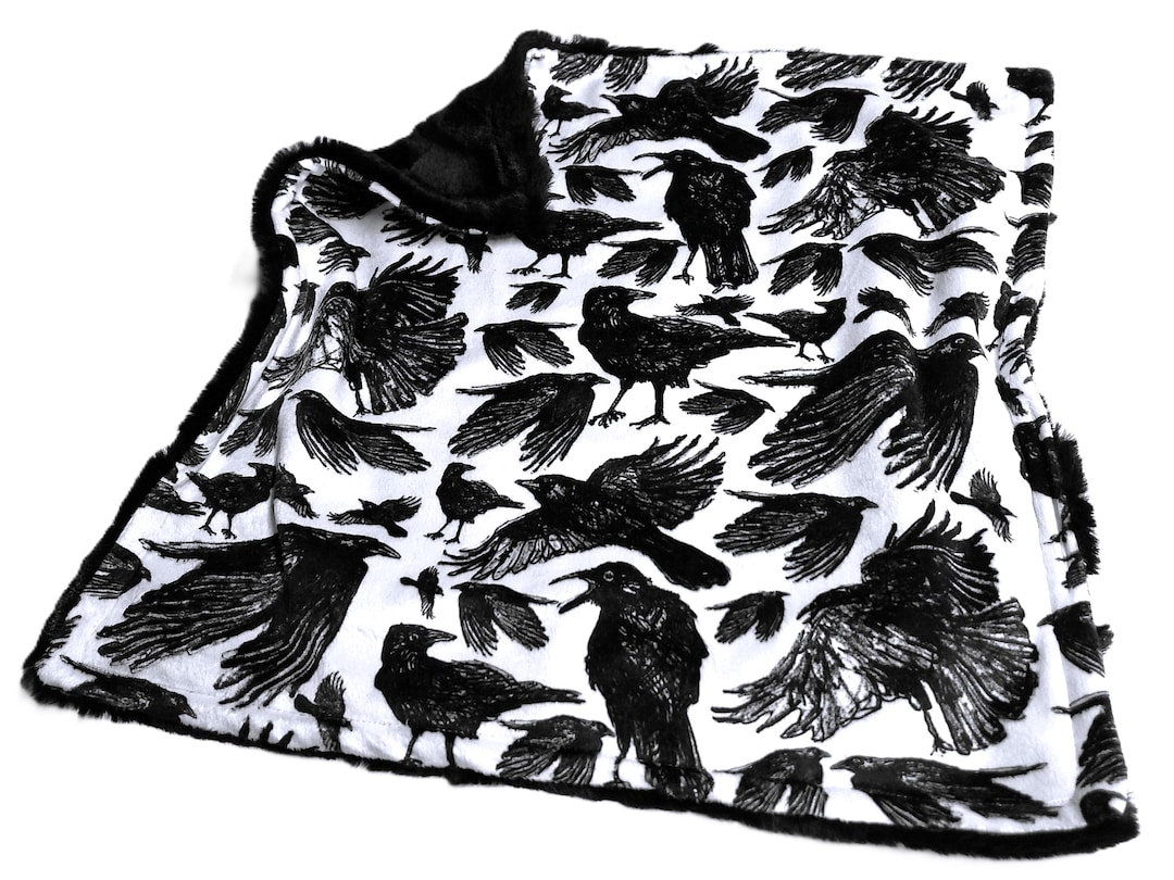 Raven Blanket, Custom Minky Blanket, Gothic Bird Plush Throw With Satin ...