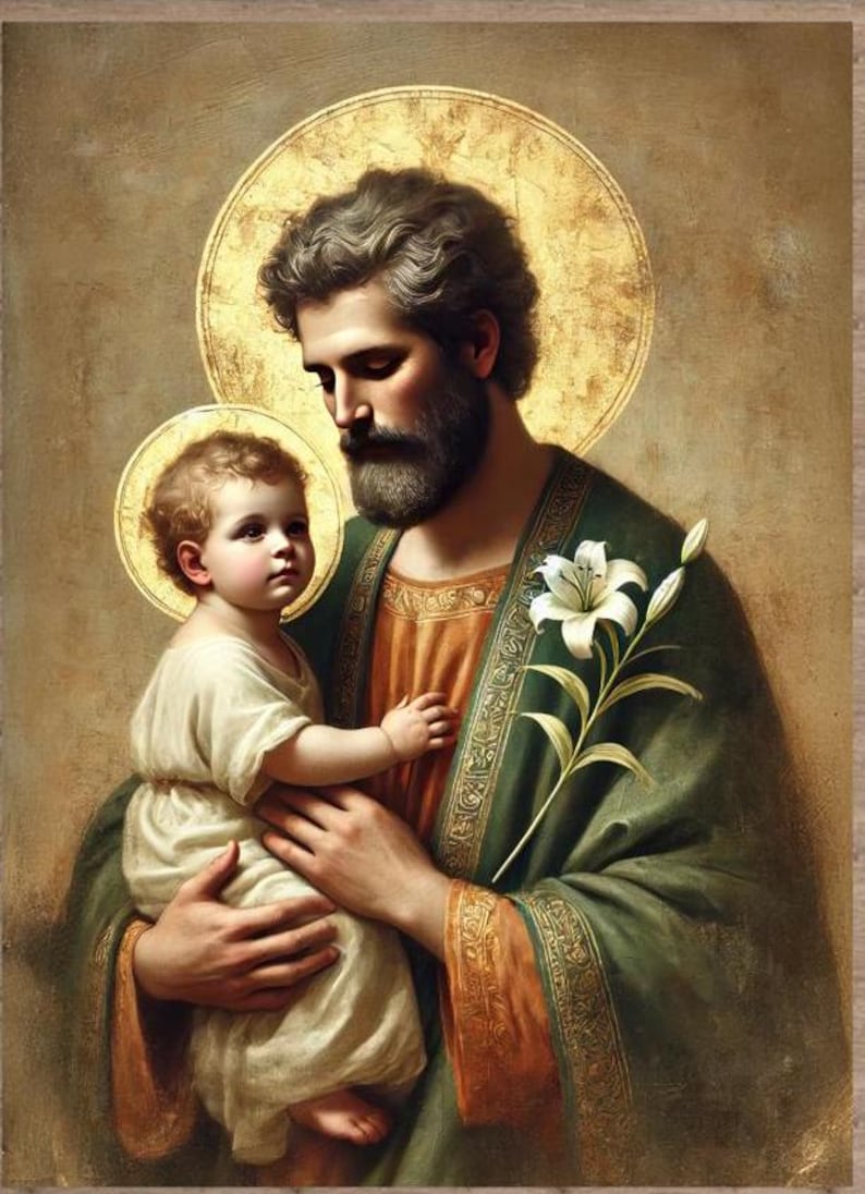 Saint Joseph Holding Baby Jesus, Christian Painting, Modern Christian ...