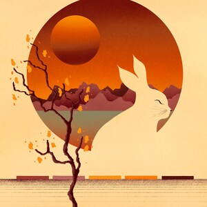 Mid Century Modern Rabbit Landscape Art Print Dreamscape Nature ...