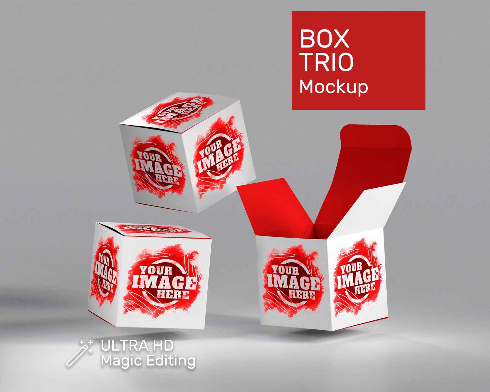 Cube Packaging Box Trio Mockup Template | Floating Square Paper Boxes ...