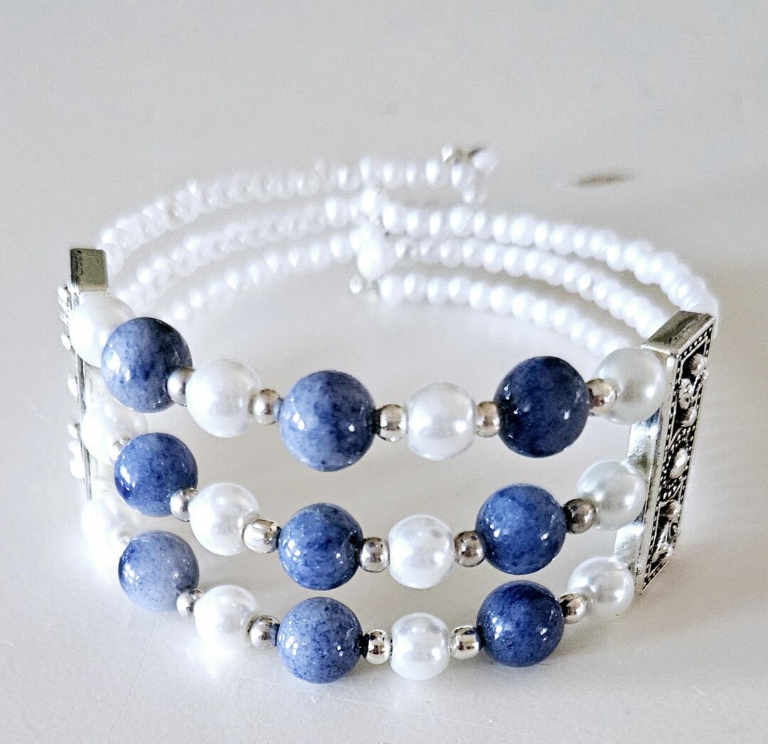 3 Strand Blue Beaded Bangle Bracelet, Handmade Bangle, Blue Bracelet ...