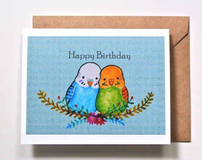 Cute Budgie Birthday Card, Parakeets Greeting Card, Happy Birthday Gift ...