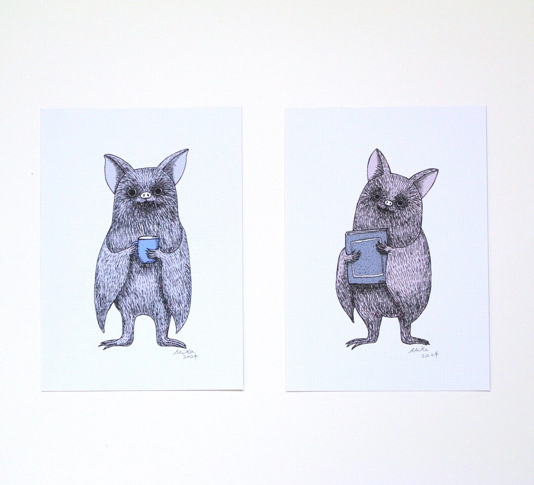 Bat Drawing Fine Art Print Set, Halloween Home Décor, Gothic Christmas ...