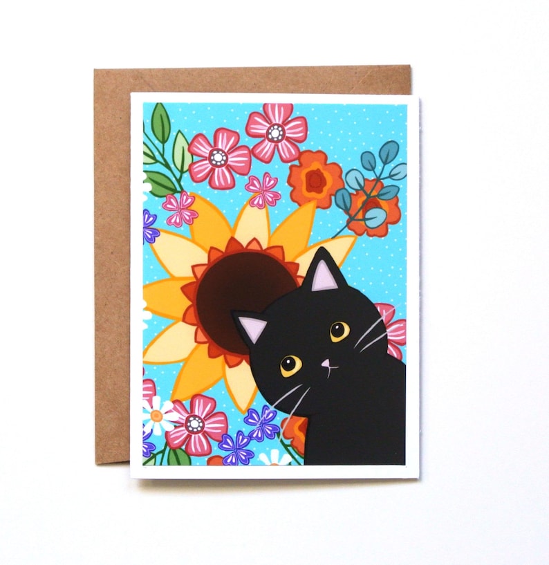 Black Cat Greeting Card, Bright Colorful Floral Art Print - Etsy UK