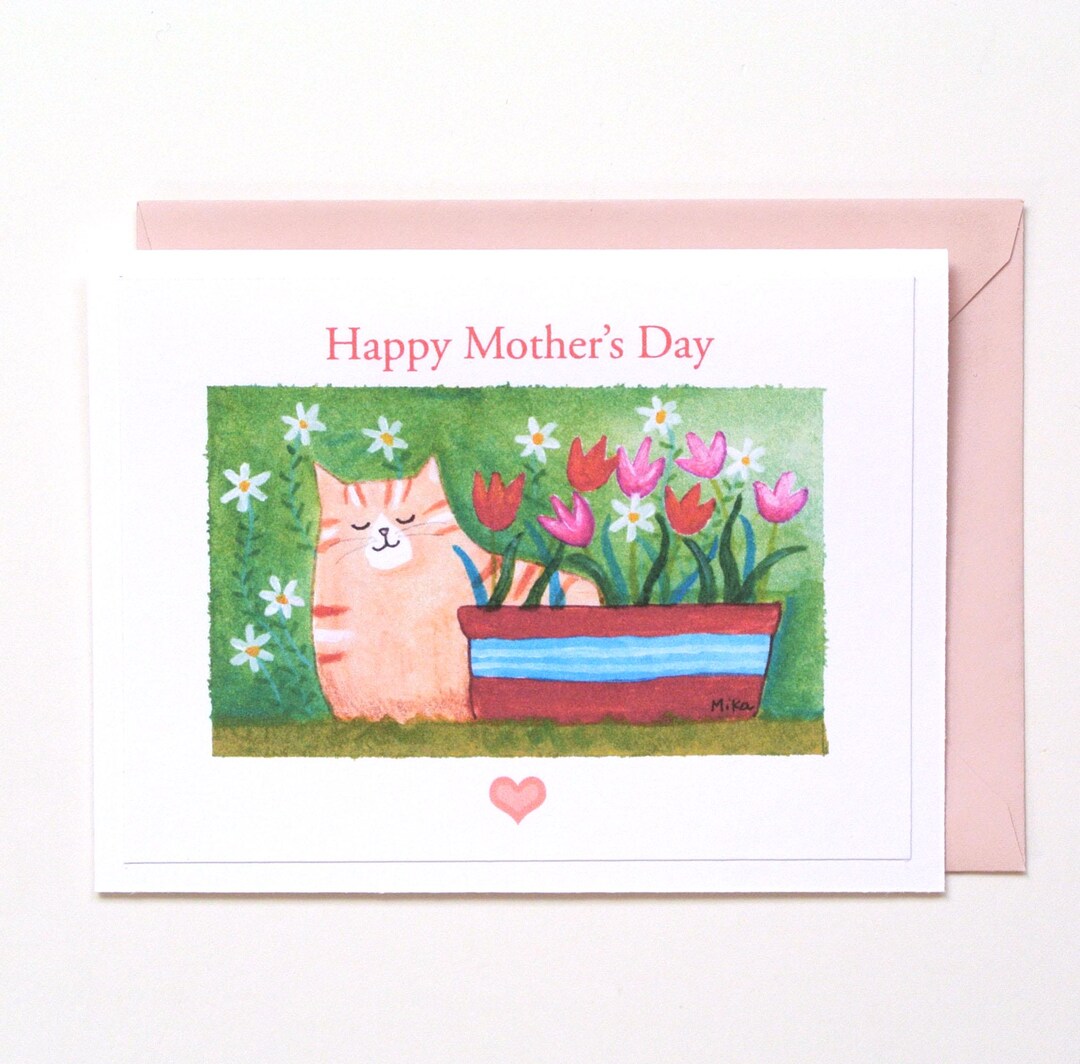 Orange Tabby Cat Mothers Day Card, Cat Mom Gift, Floral Garden Art Card ...