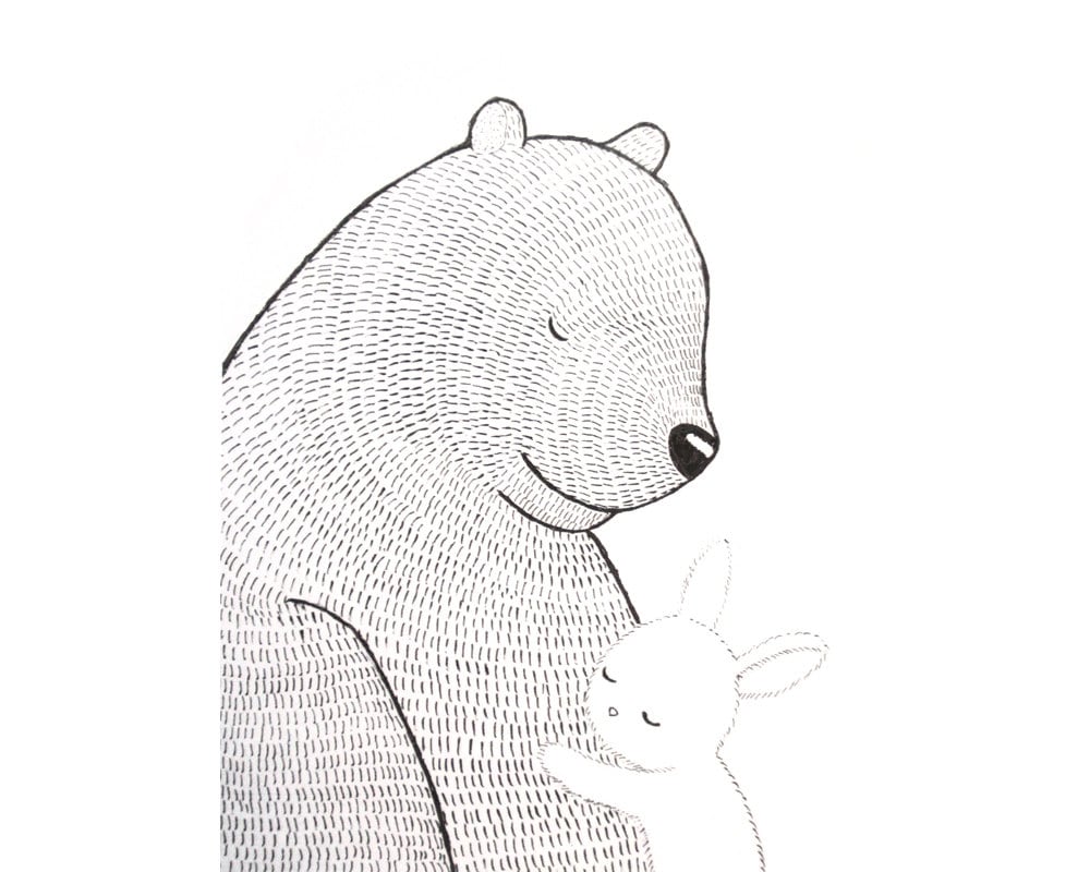Bear & Bunny Ink Drawing Print Love Illustration Hygge Home | Etsy