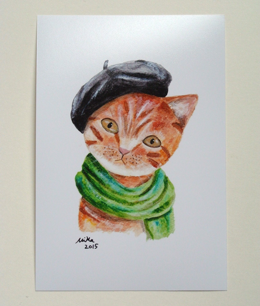 Funny Cat Print French Style Artist Cat Portrait Cute Orange - Etsy