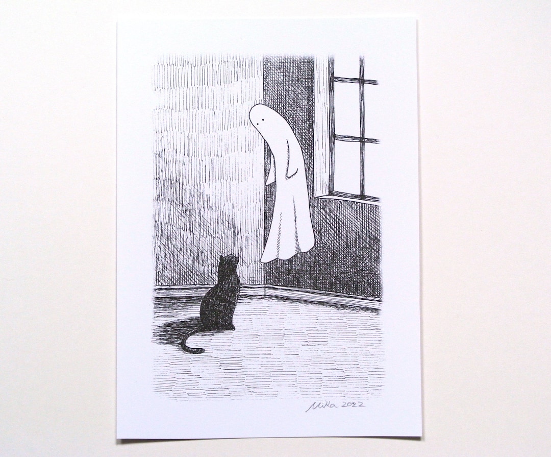 Creepy Pen and Ink Drawing of Ghost and Black Cat, Cute Horror Dark Art ...