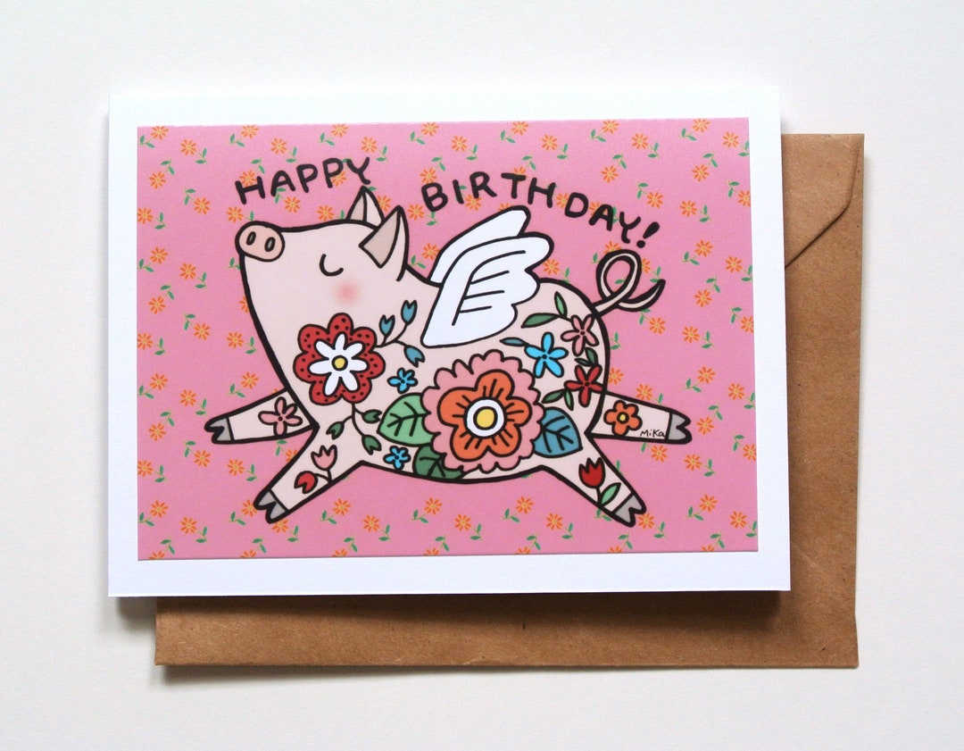 Pig Birthday Card, Flying Pig, Funny Birthday Card, Pig Lover Gift, Pig ...
