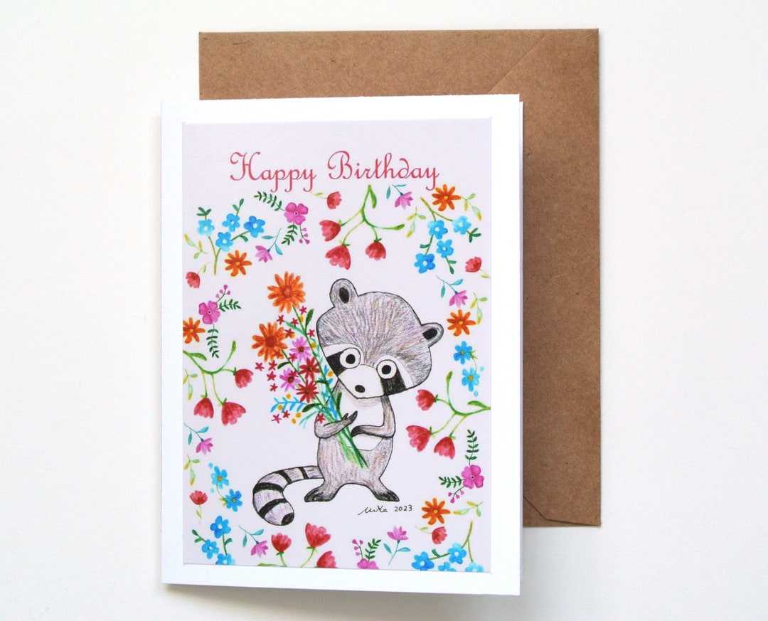 Raccoon Birthday Card, Cute Raccoon Gift, Colorful Cheerful Floral ...
