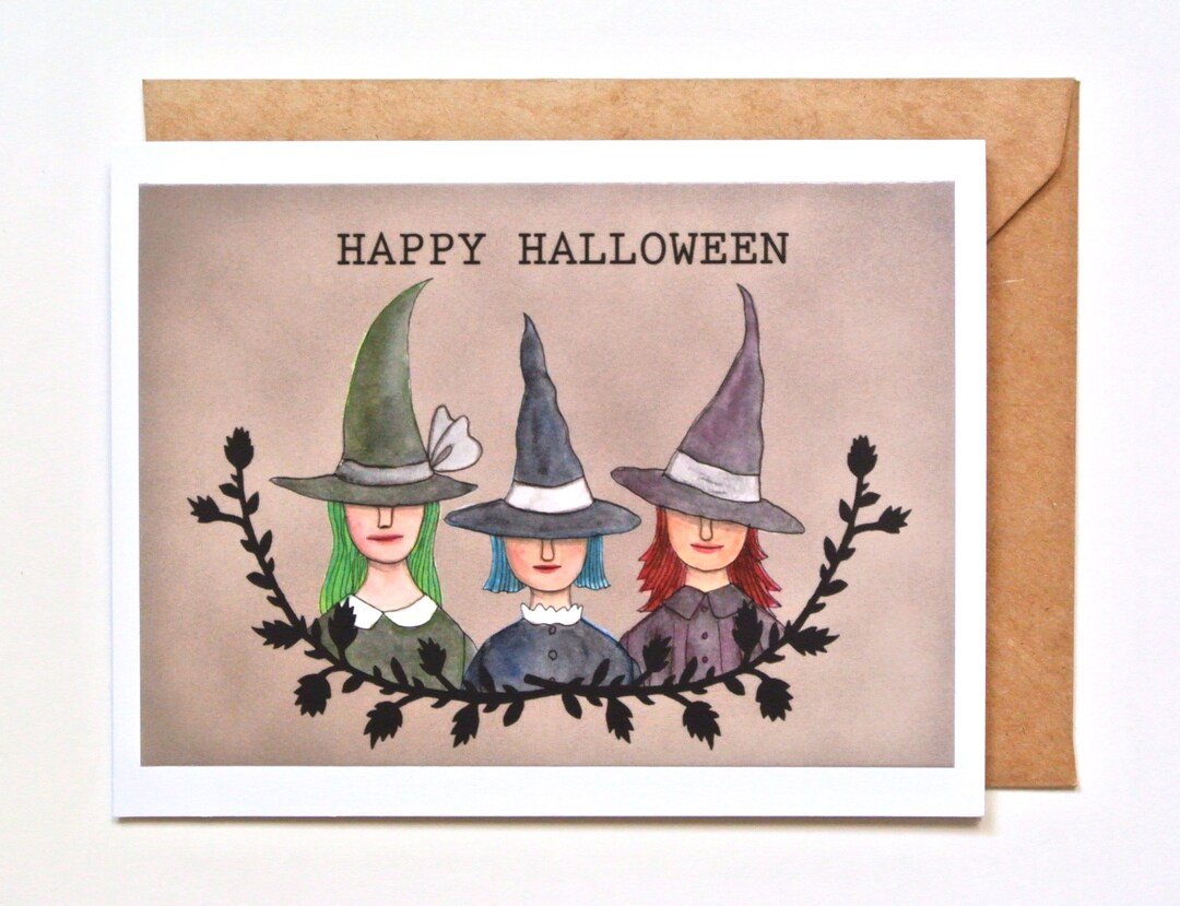 Three Witches Halloween Card, Spooky Cute Gothic Witch Illustration ...