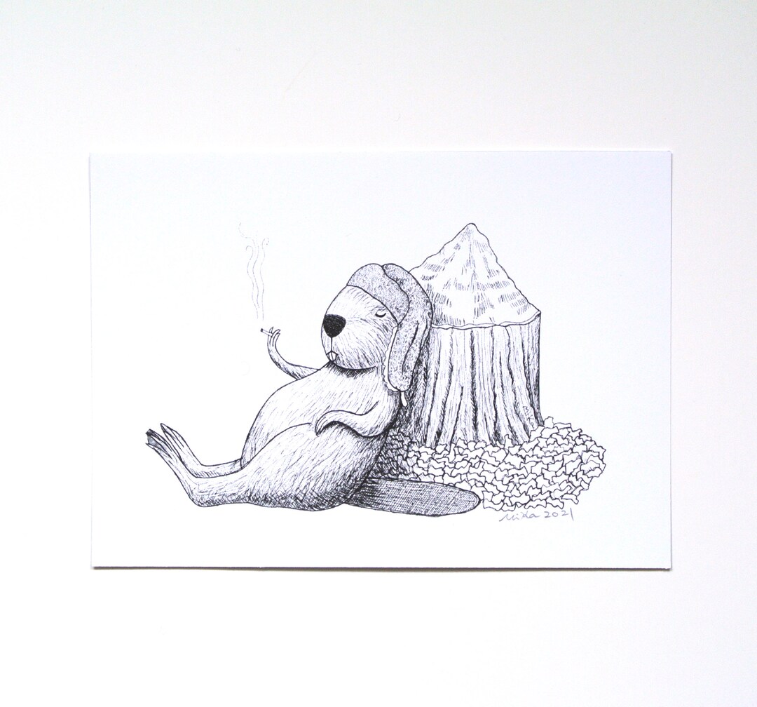 Funny Beaver Ink Drawing Print, Relaxing Woodland Animal Art - Etsy