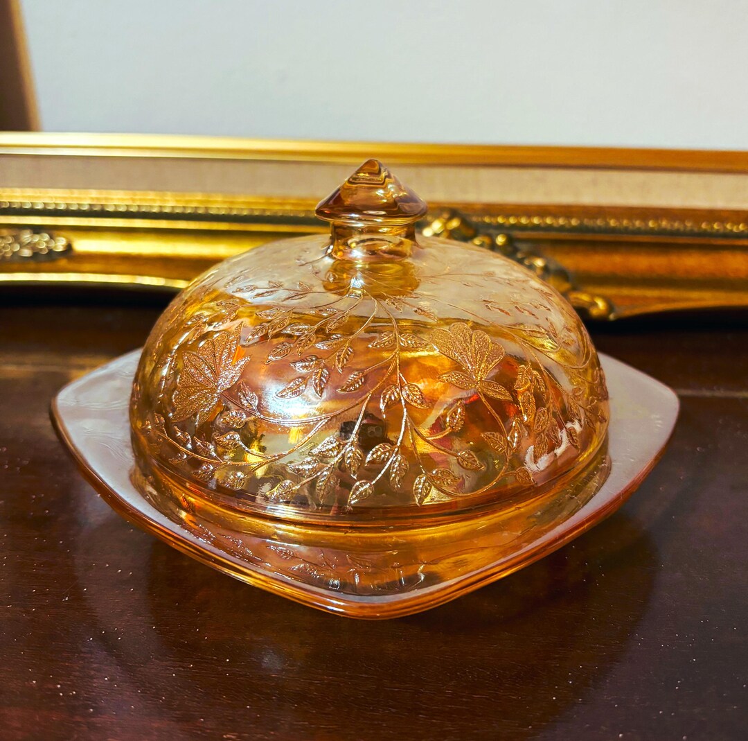 Jeannette Glass Floragold Pattern Round Covered Butter Dish - Etsy
