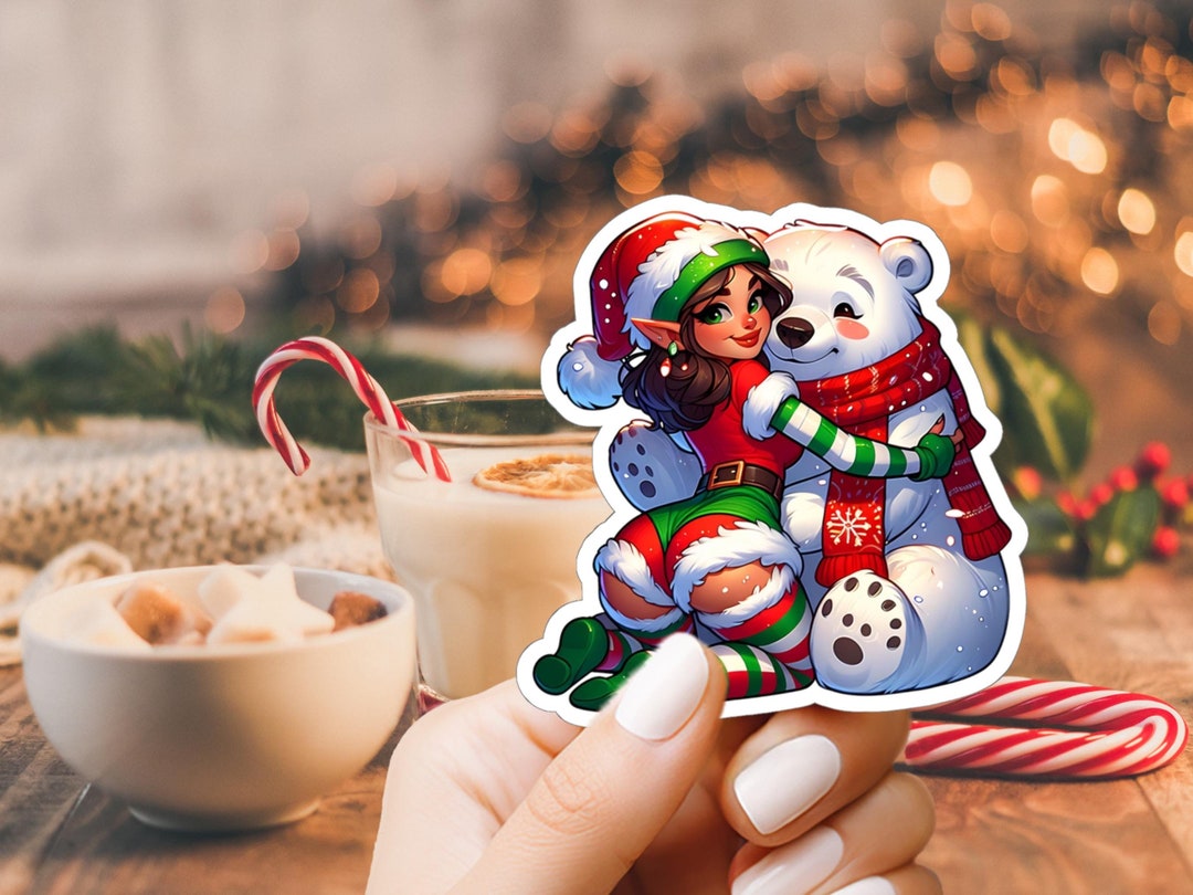 Christmas Elf and Polar Bear Sticker: Holiday Cuddles Decor - Etsy