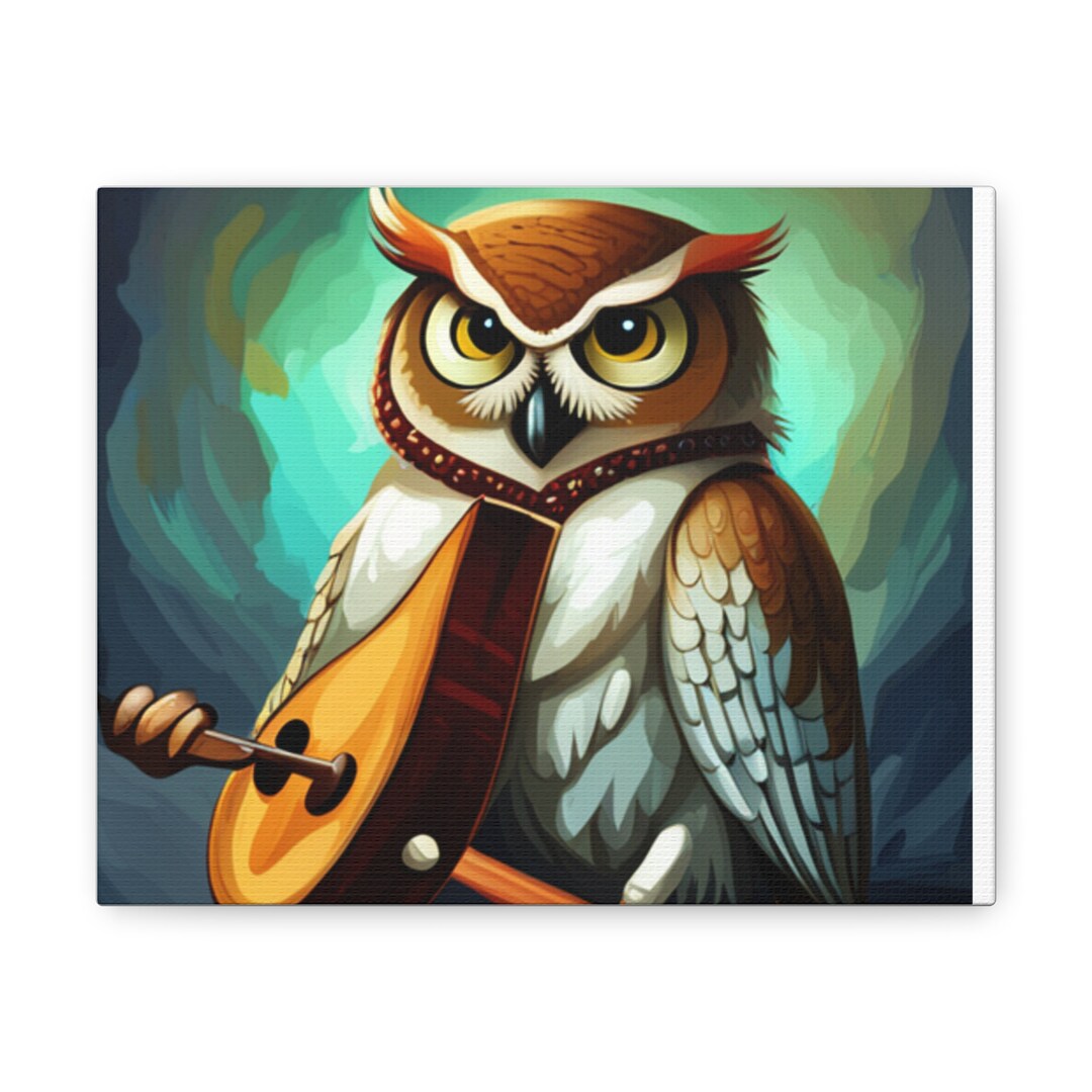 Cute Painting of an Owl Playing a Drum for Musicians Office or Home ...