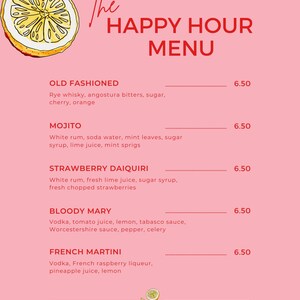 Pink and Red Pattern Cocktail Menu, Happy Hour, Tropical Party ...