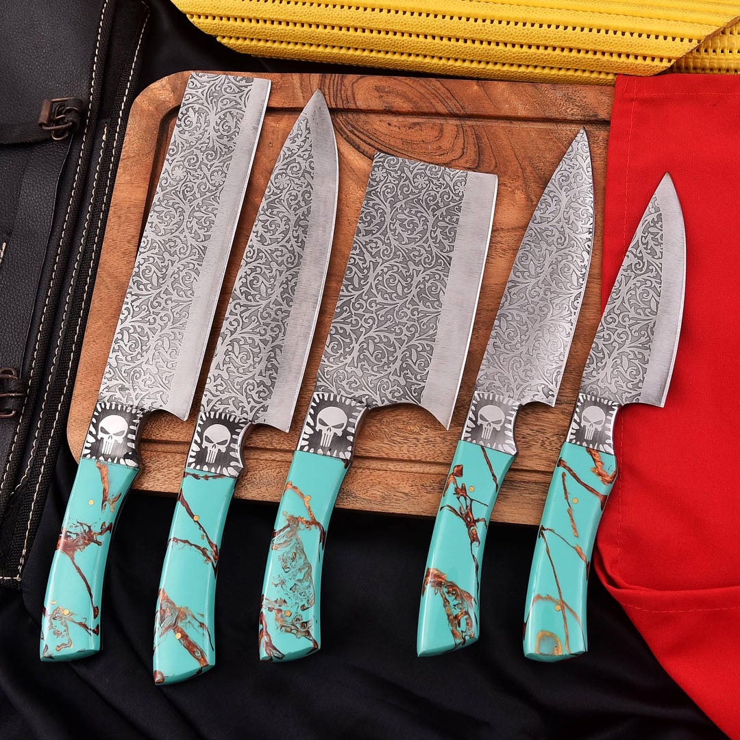 Handmade Chef Knife Set: Leather Knife Roll - Turquoise Resin Handle ...