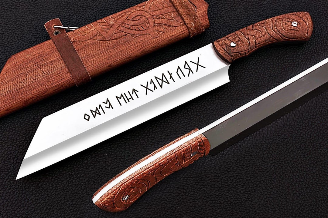 Handmade Viking Seax Knife – Runic Engraved Blade, Carved Wooden Handle ...