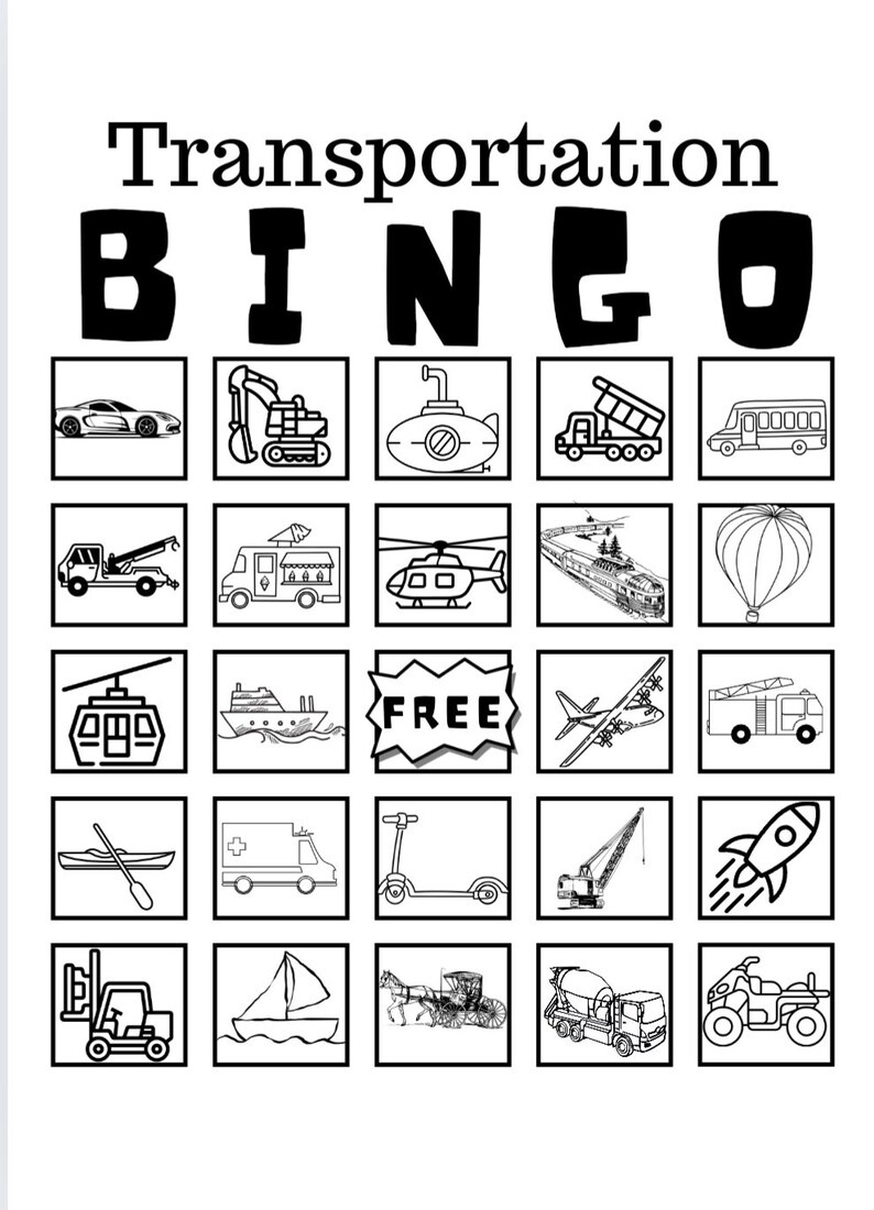 A4 Size Transportation Bingo Printables for Kids - Etsy