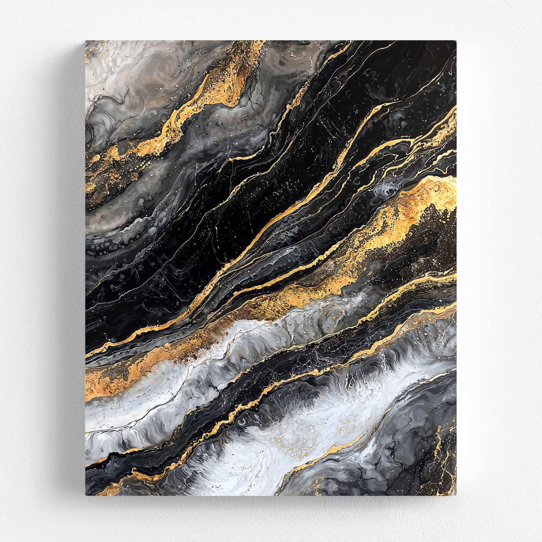 Ethereal Currents – Abstract Black, Gold, and Silver Oil Painting ...