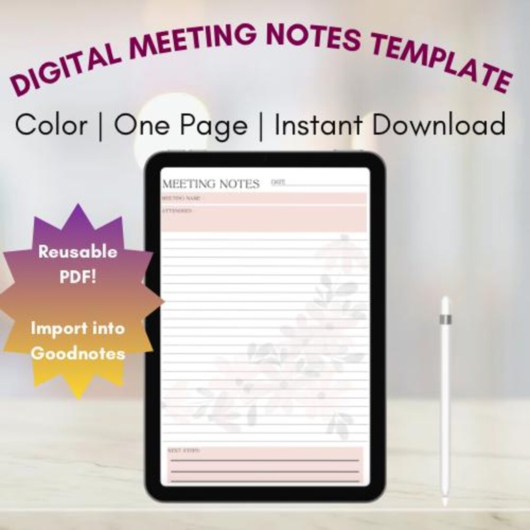 Digital Meeting Notes Template | Minimalist iPad Planning (PDF Download ...